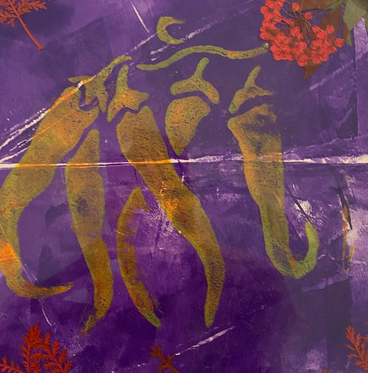 Yellow ristra on purple wall with flowers Original Gelli Plate Print by ...