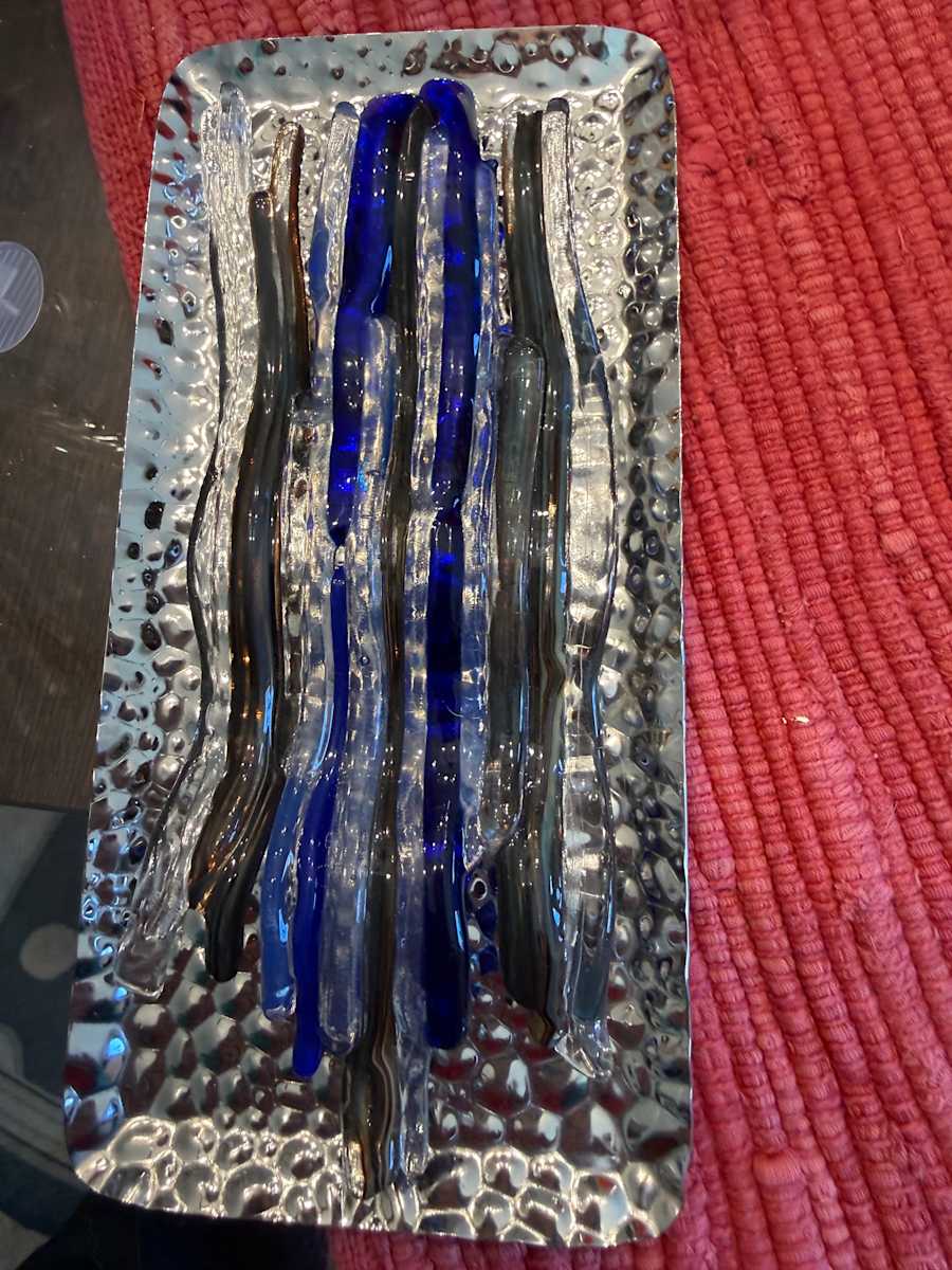 Wavy Blues, Greens, Clear, and Gold Strips Sculpture on Hammered Steel ...