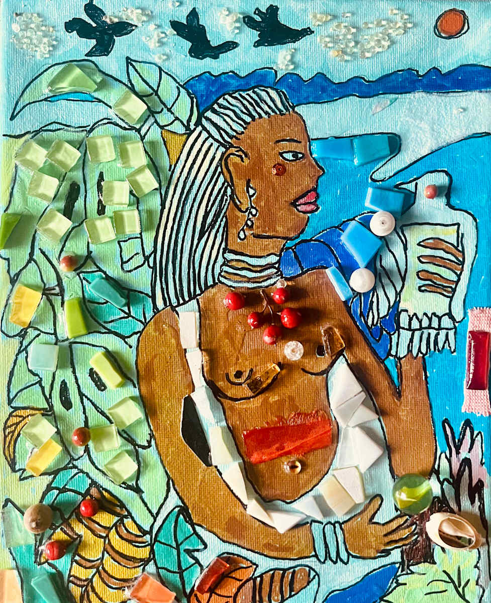 Brown Girl sitting by the Ocean with a bird by Kym Cooper by Kym Debra ...