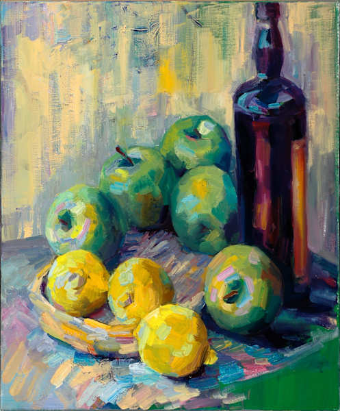 Still life with green apples and lemons by Elena Maslova-Levin ...