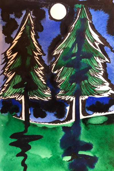 Two Pines and Full Moon -Drawing A Day #89 by Helen R Klebesadel ...