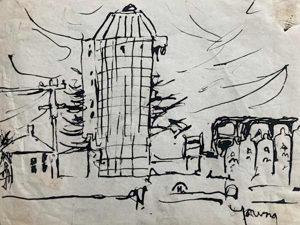 Barn and silo ink drawing by James Quentin Young from the collection of ...