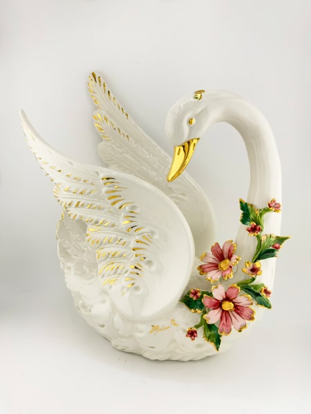 Capodimonte Ceramic Swan w/ Attached Flowers from the collection of ...